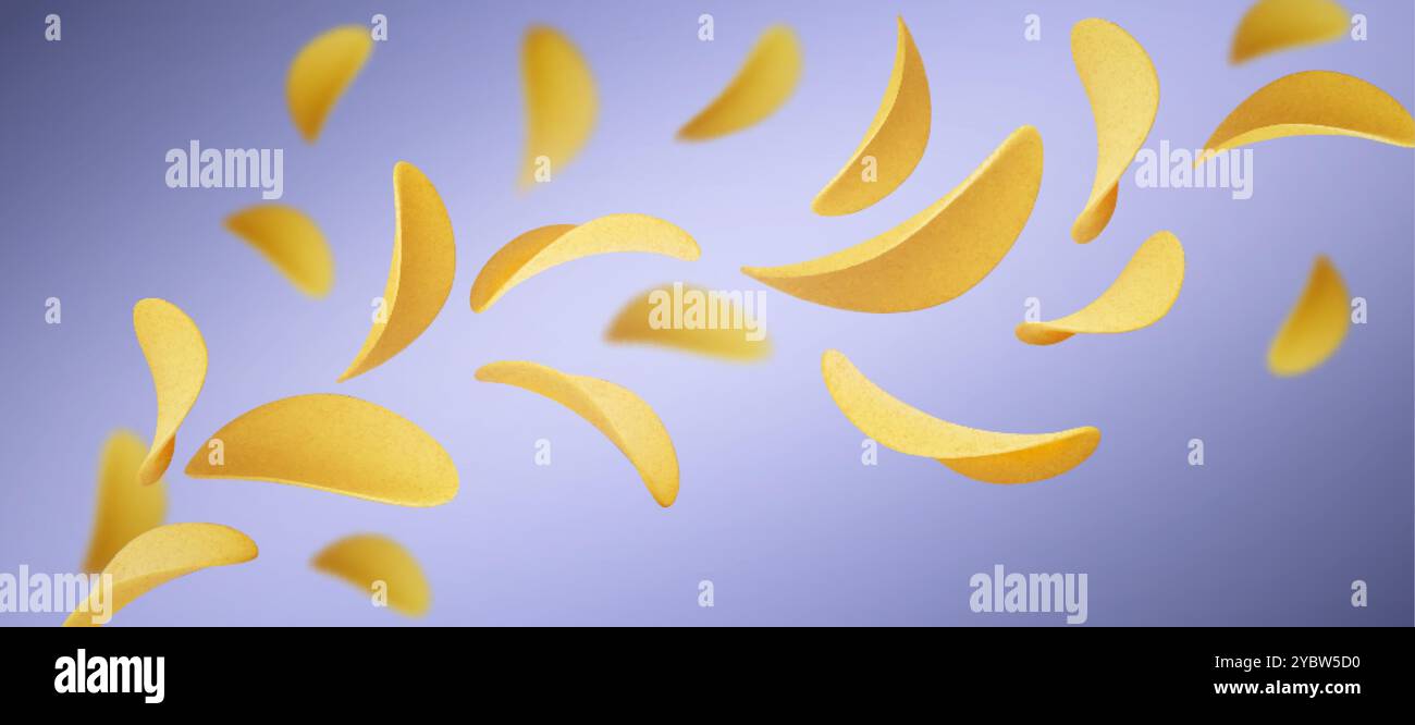 Blue background with flying crisp potato chips. Realistic 3d vector ...