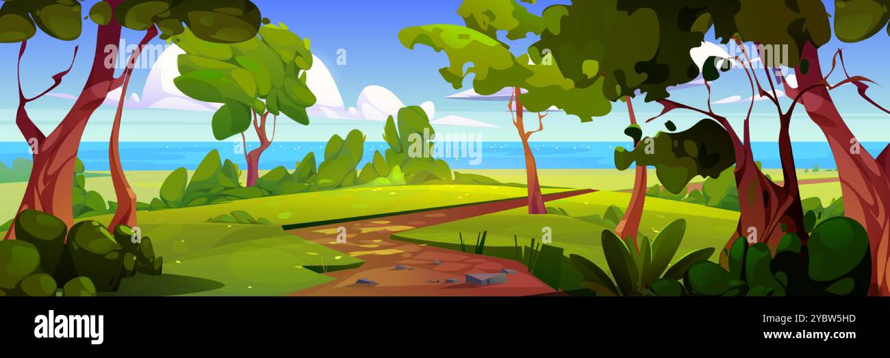 Summer scenery with lake and forest trees. Vector cartoon illustration ...