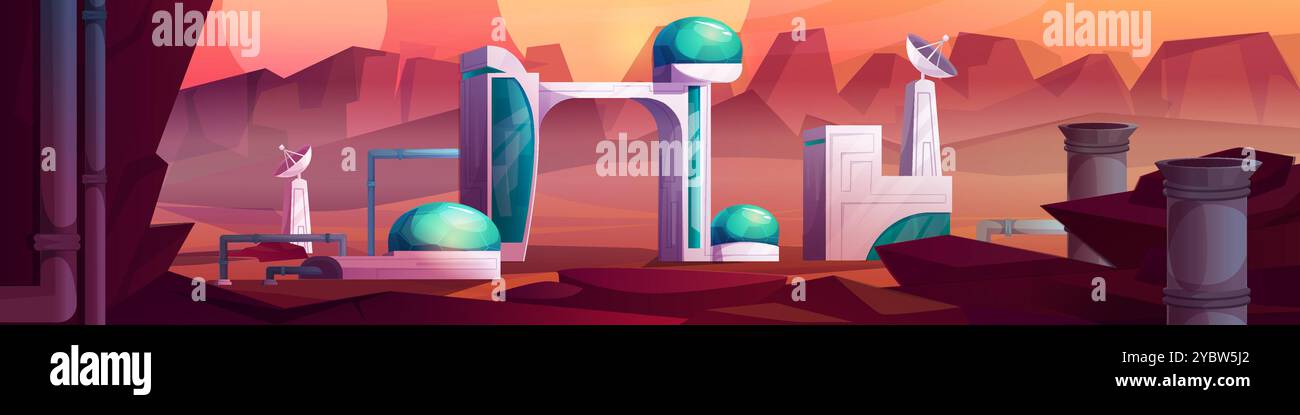 Futuristic space station on alien planet. Vector cartoon illustration ...