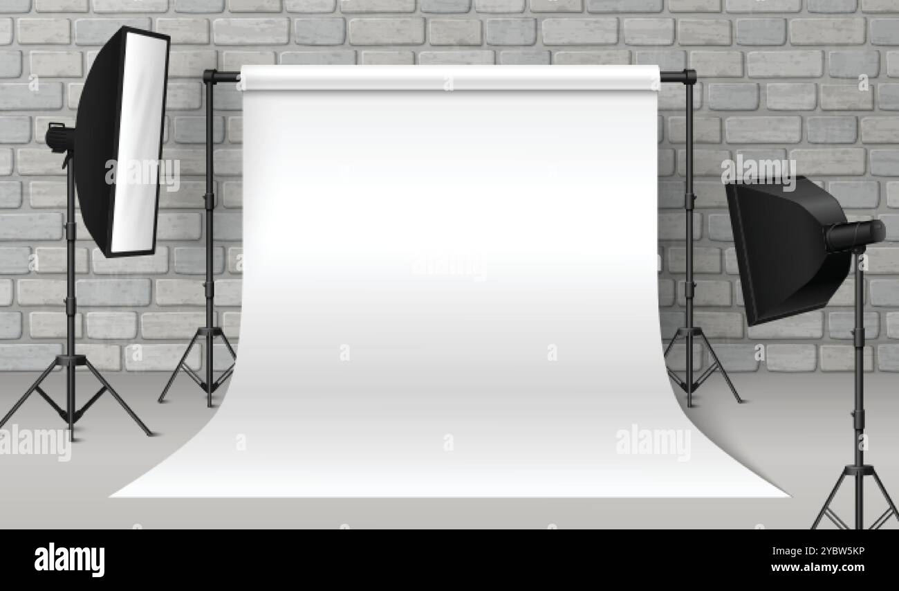 Photo studio room interior with white paper backdrop on tripod holders ...