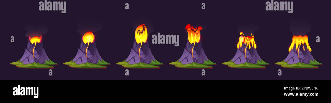 Volcano eruption animation set isolated on black background. Vector ...
