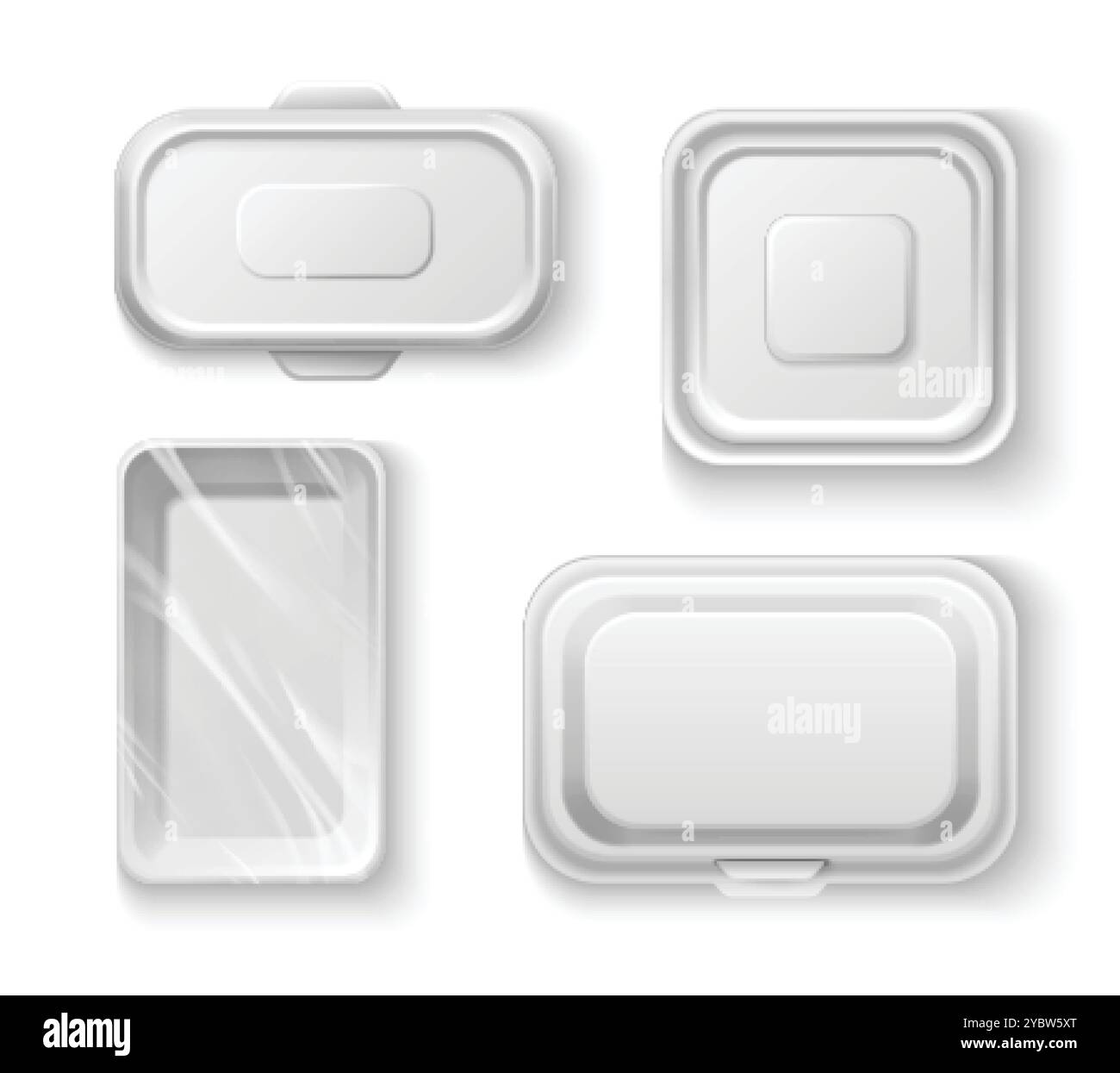 White plastic container and styrofoam tray with transparent wrap foil ...