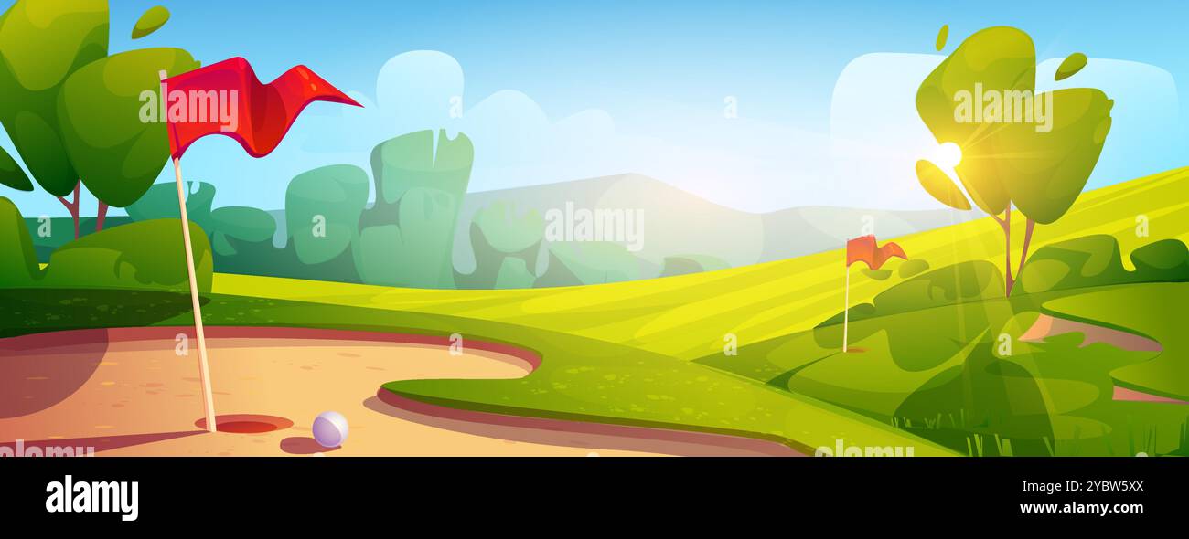 Summer golf field background. Vector cartoon illustration of golfing ...