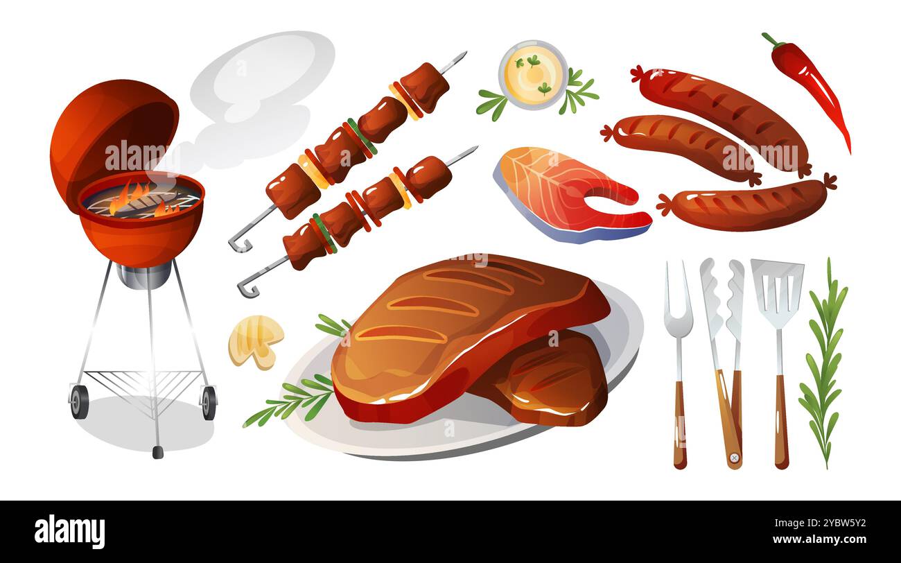 BBQ party food and tools set isolated on white background. Vector ...