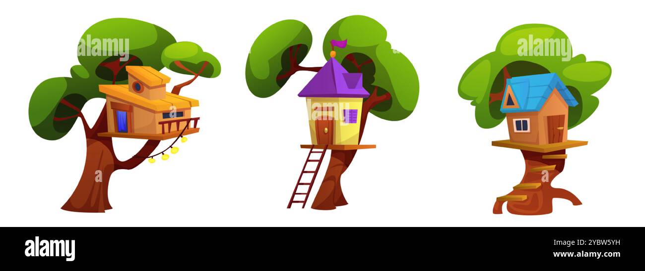 Summer treehouses set isolated on white background. Vector cartoon ...