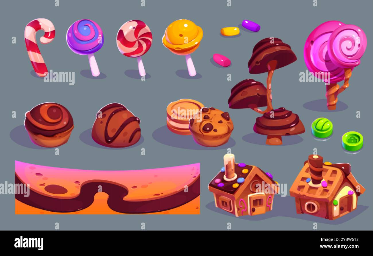 Game level creation kit - candy land assets. Cartoon vector set of ...