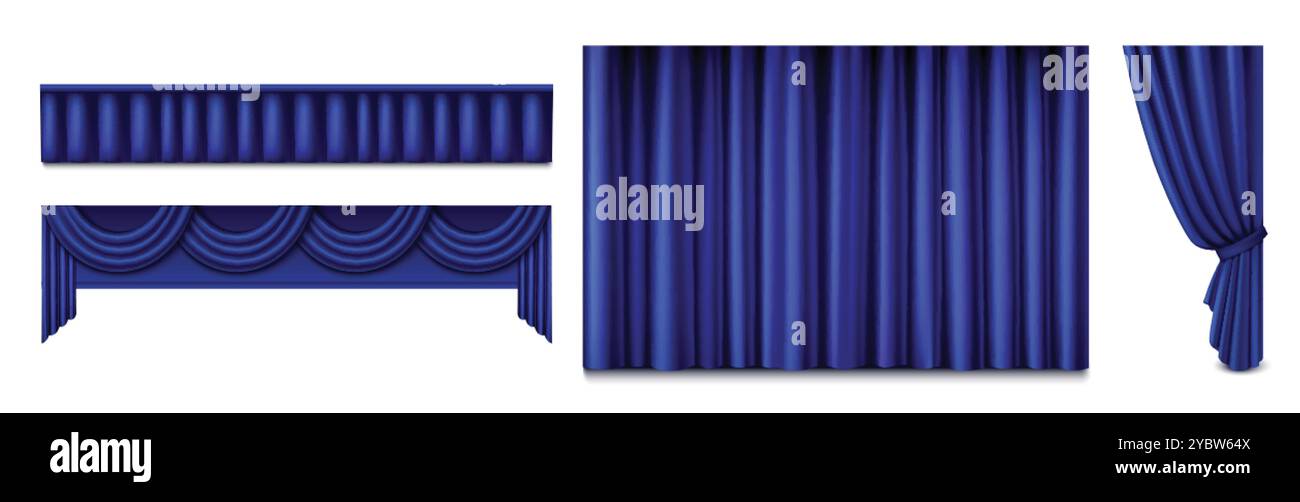 Blue theater stage curtain closed and open, long and short top border ...