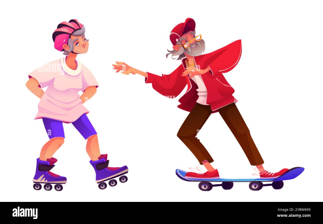 Active senior woman and man doing sport on roller skates and skateboard ...
