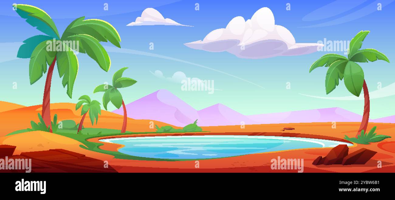 Arabian desert oasis with tropical lake. Vector cartoon illustration of ...