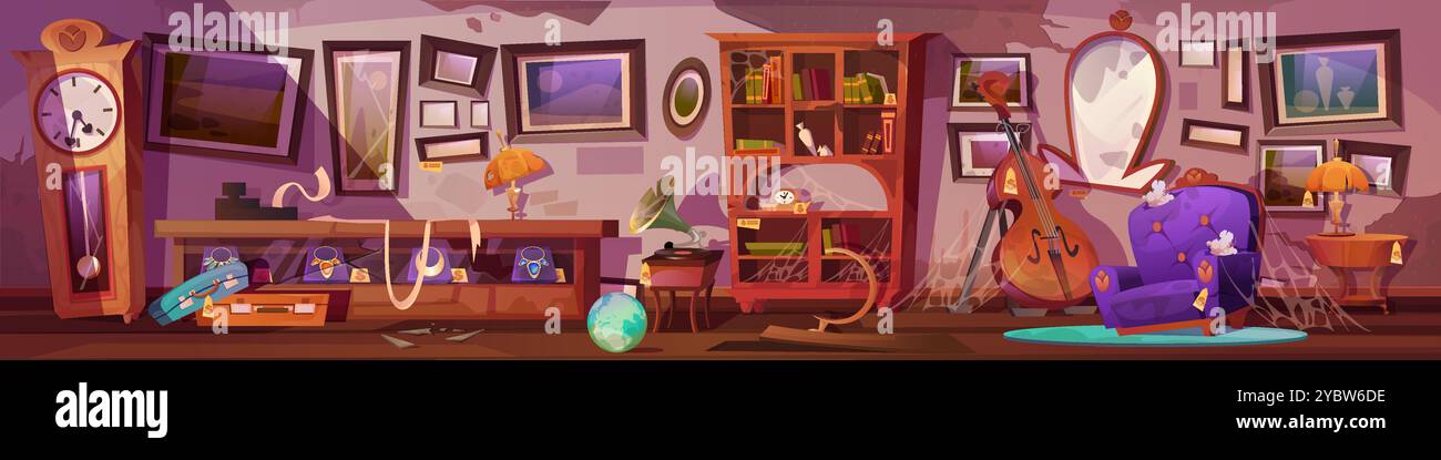 Abandoned antique shop interior. Vector cartoon illustration of ...