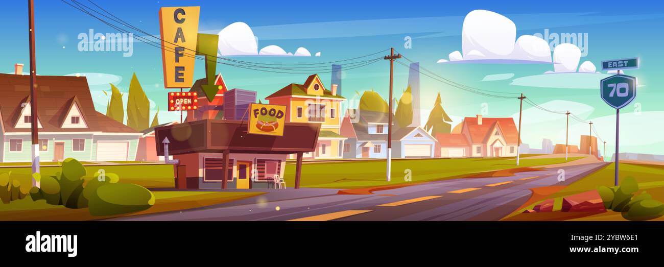 Cafe building on roadside of route with sign. Cartoon vector street fast food restaurant and ...