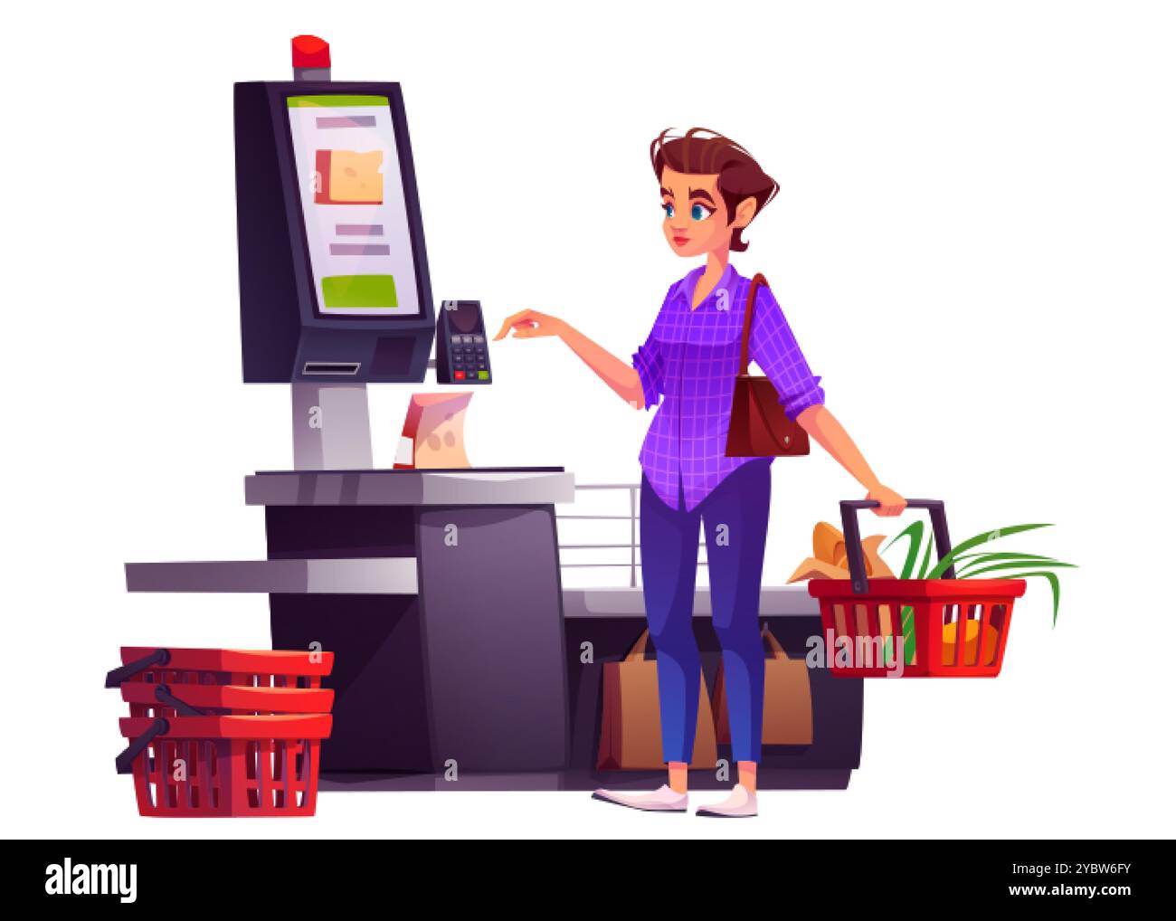 Woman at self kiosk checkout for payment in store. Retail shop pos desk with scanner and female ...