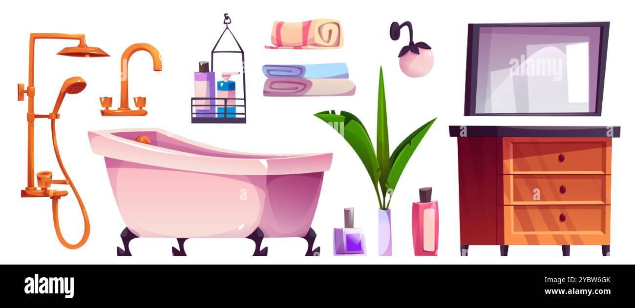 Bath room interior furniture, equipment and accessories. Cartoon vector ...