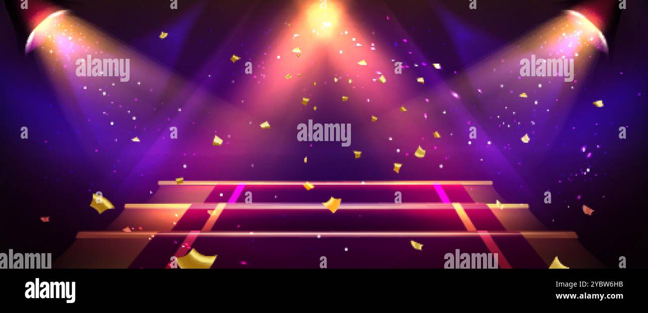 Gold light show stage. Abstract spotlight podium. Purple concert ...