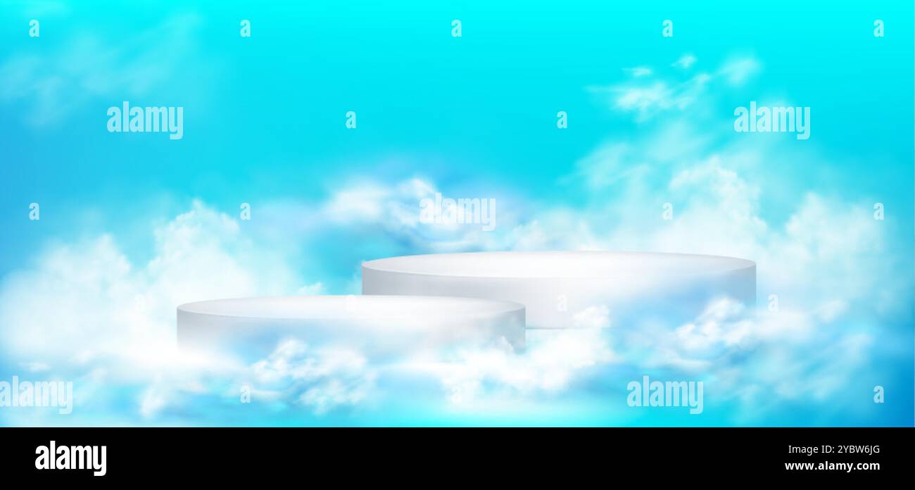 3d blue sky podium with white cloud minimal scene background. Empty ...