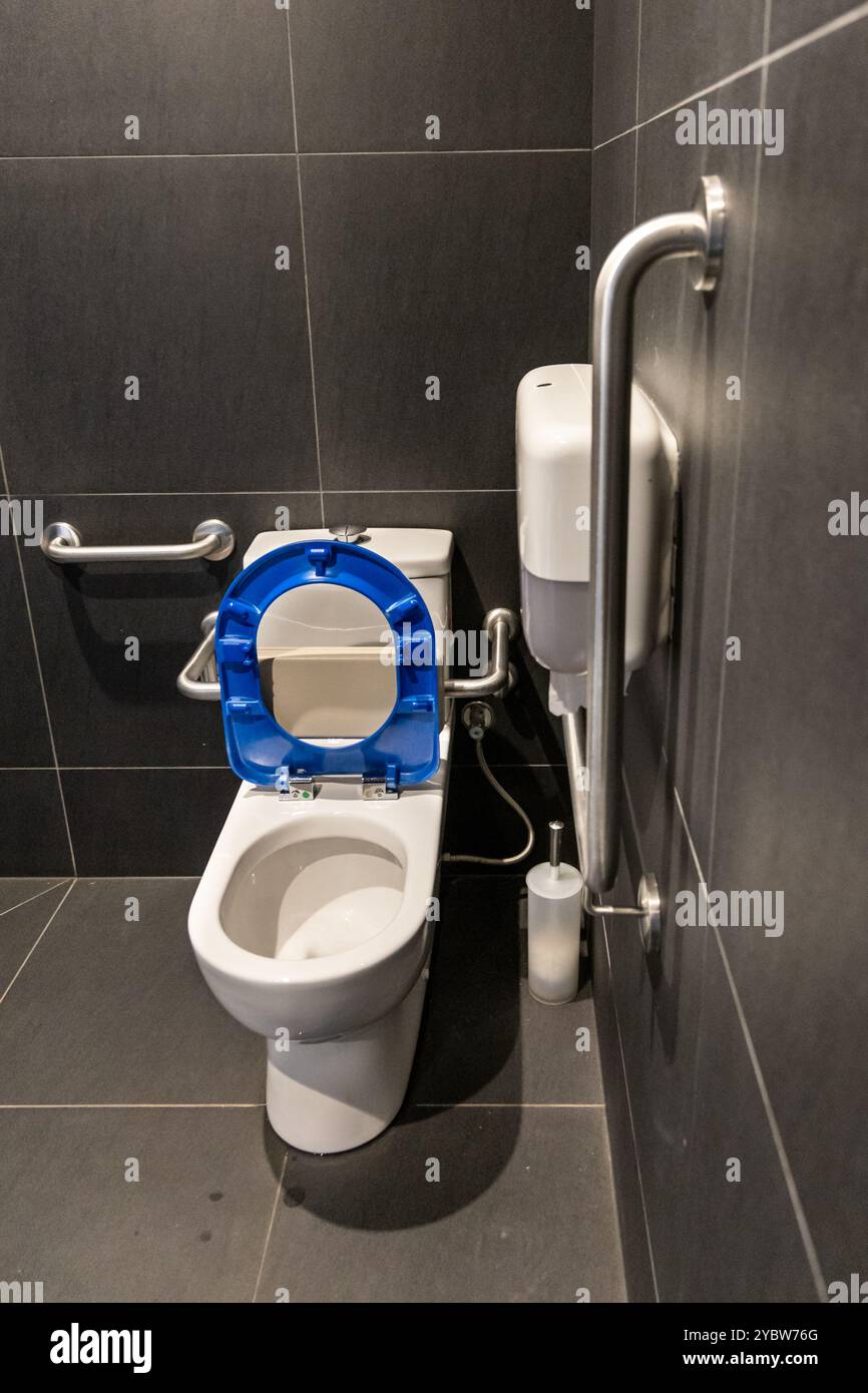 Disability friendly generic restroom toilet bowl with hand rails and ...