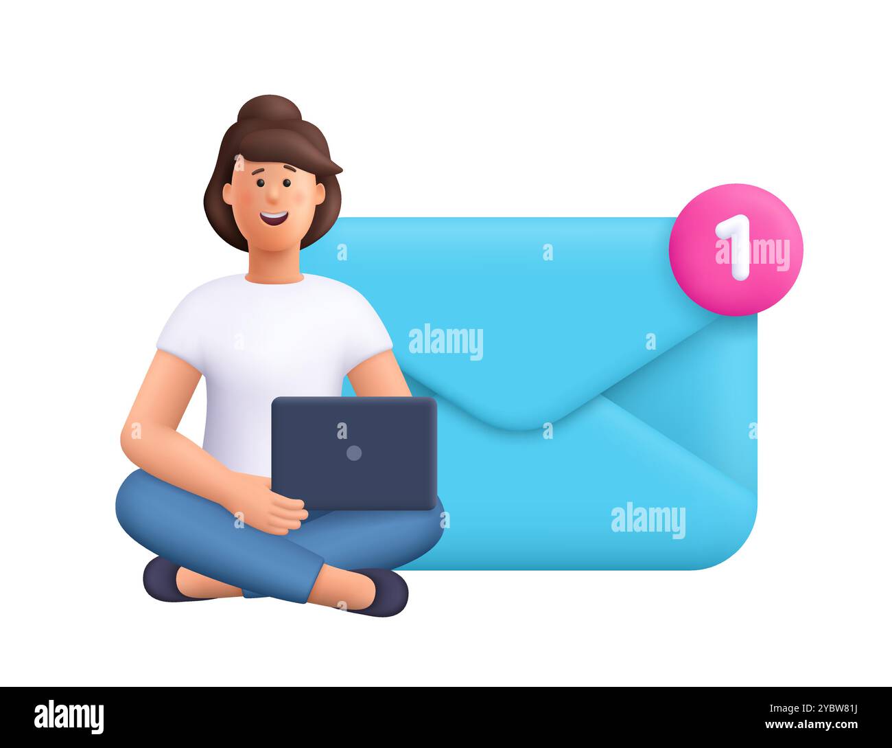Woman sitting with crossed legs near big envelope with notification ...