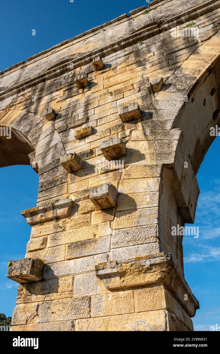 Architectural detail of the facade famous Roman aqueduct Pont du Gard ...