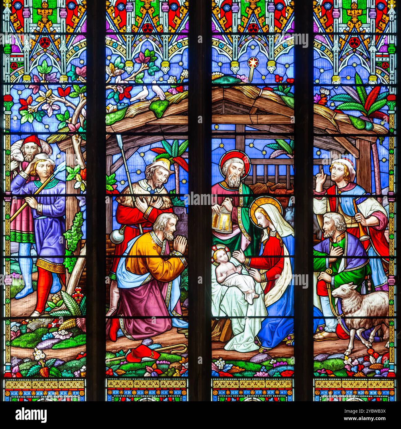 Detail of stained glass window Adoration of Shepherds by William Wailes ...