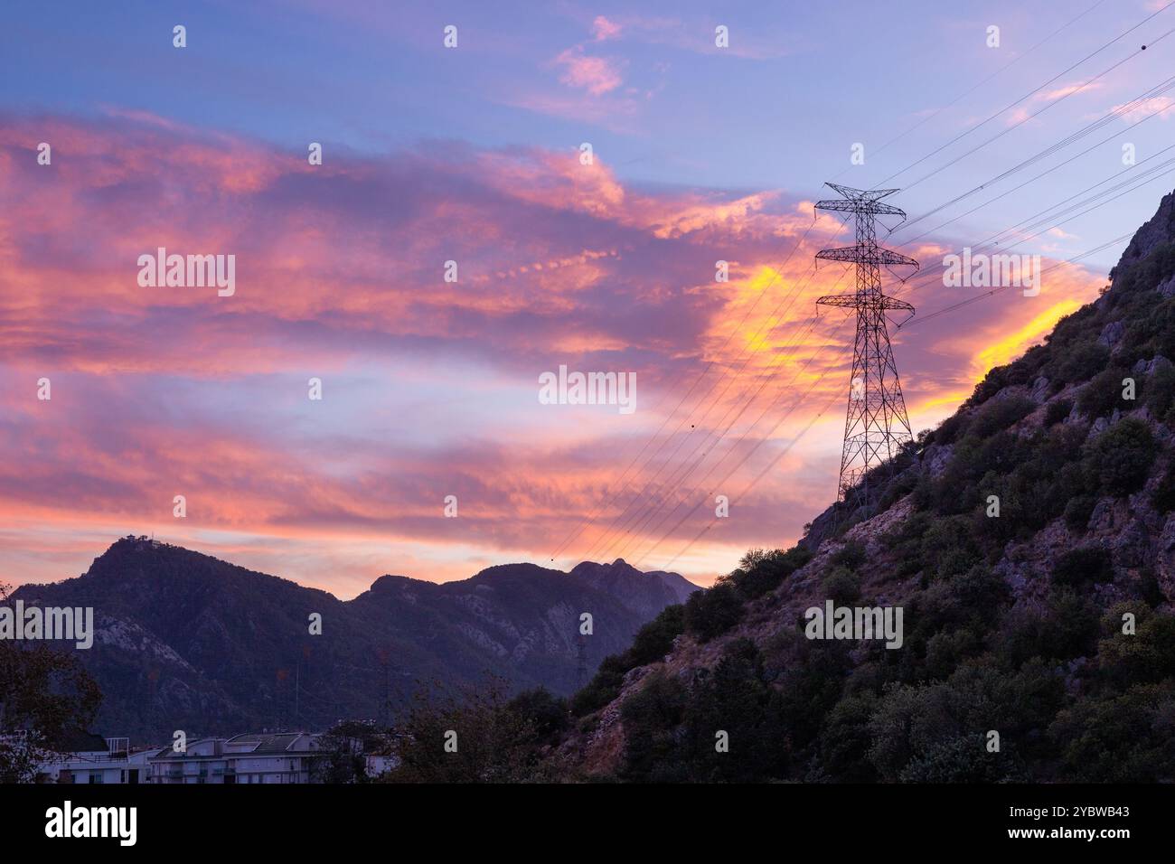 Colorful sunset power lines silhouetted hi-res stock photography and ...
