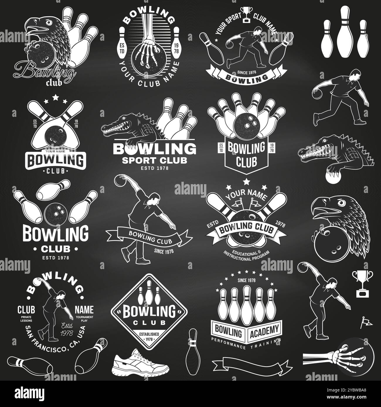 Set of Bowling sports club logo, badge design on the chalkboard ...