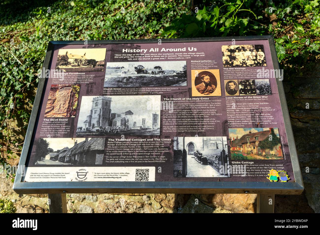 Local history information panel at village of Chiseldon, Wiltshire ...