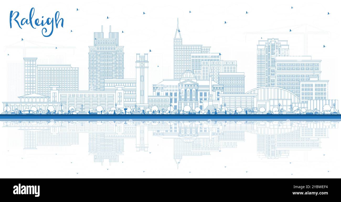 Outline Raleigh North Carolina City Skyline with Blue Buildings and ...