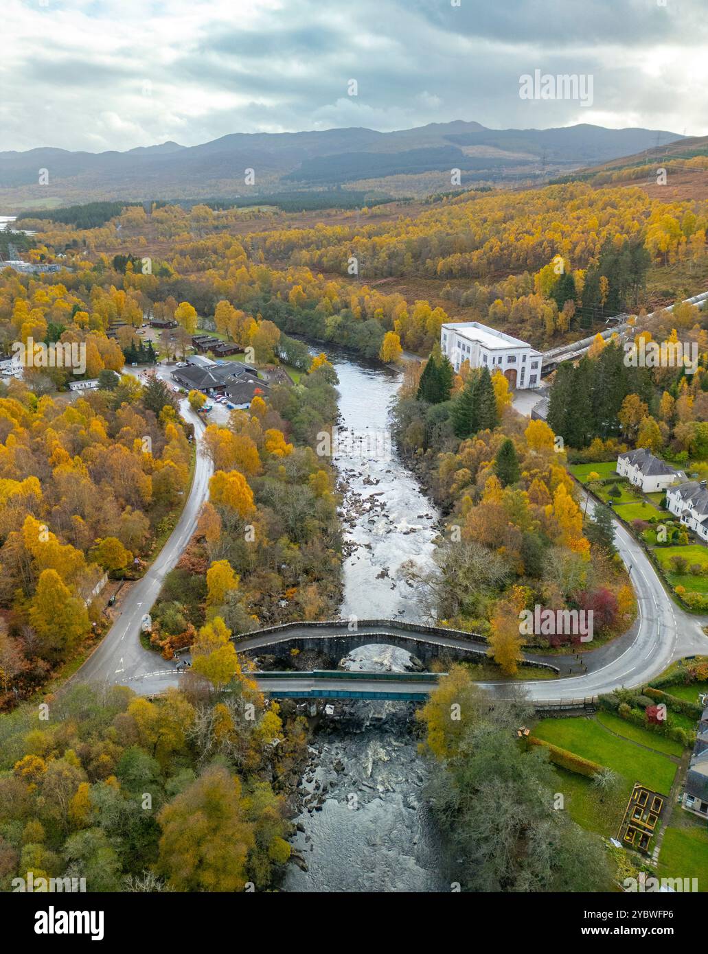 Aerial view from drone of village of Tummel Bridge in autumn, Perth and ...