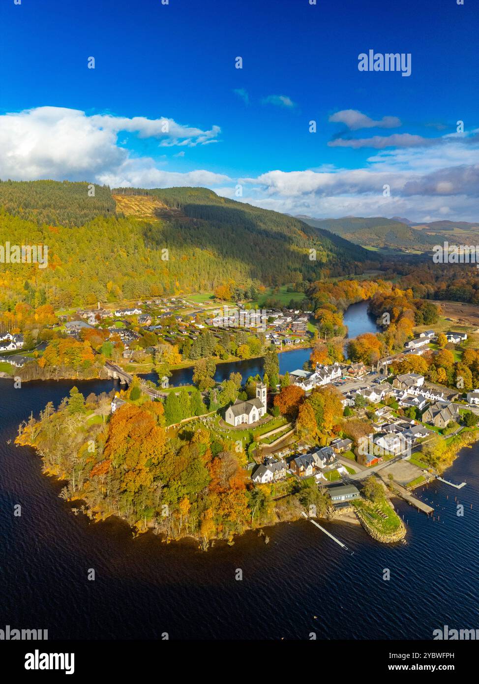 Aerial view from drone of village of Kenmore in autumn colours on Loch ...