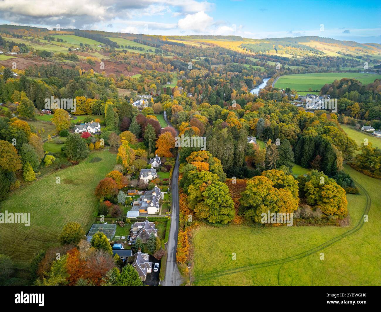 Aerial view from drone of River Tay in village of Strathtay in autumn ...