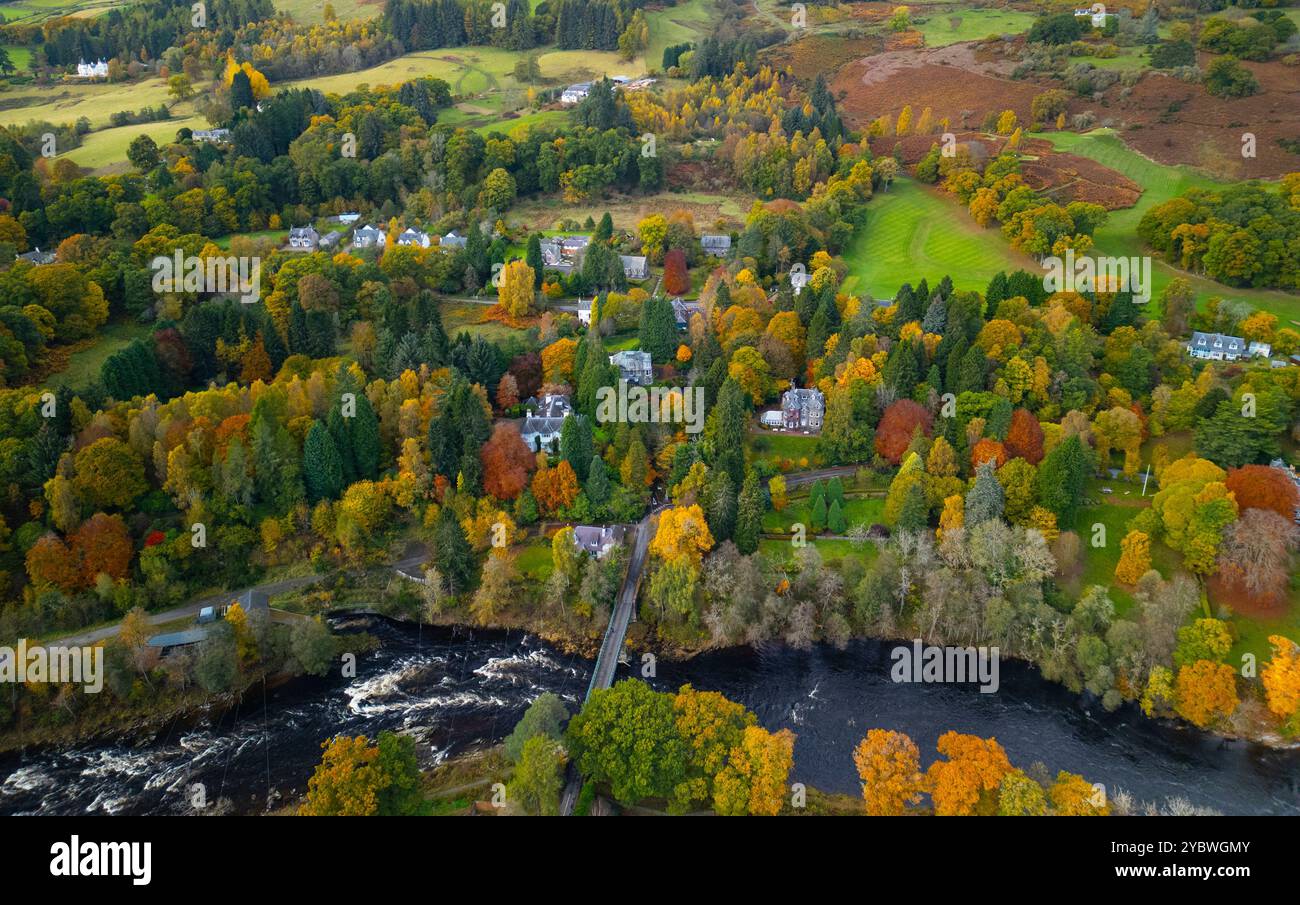 Aerial view from drone of River Tay in village of Strathtay in autumn ...