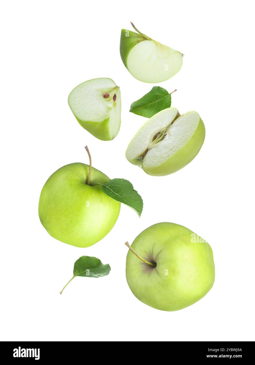 Fresh green apples in air on white background Stock Photo - Alamy