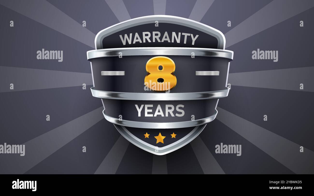 8 Years Warranty. Warranty Sign. Metal shield emblem. Vector ...