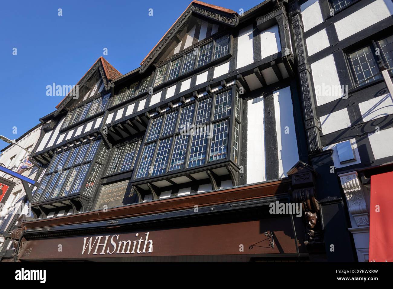 W H Smith shop in a Tudor half timbered black and white building with ...