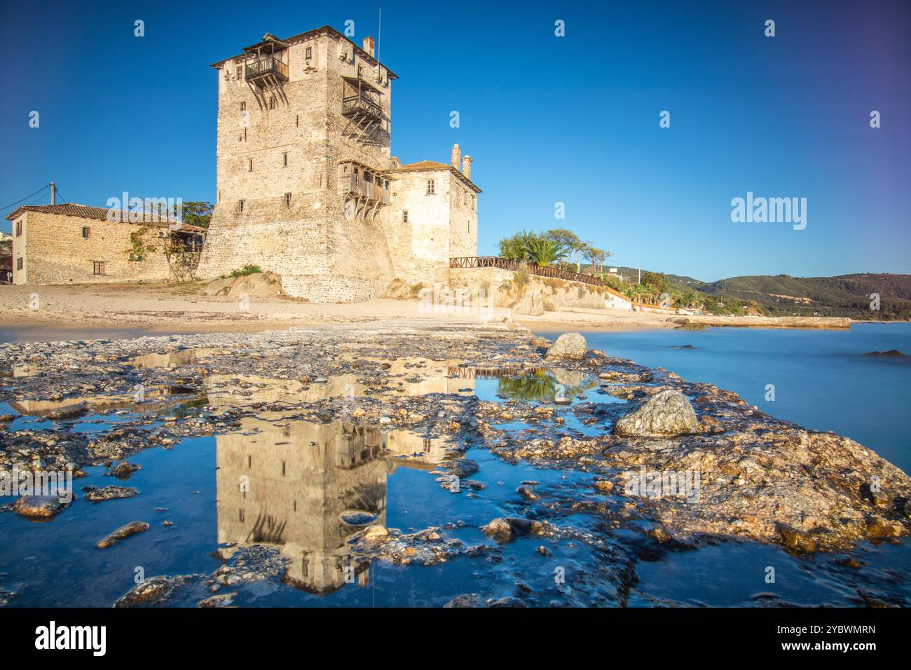 Beautiful old tower in greece, the historic stone tower, was a weir ...