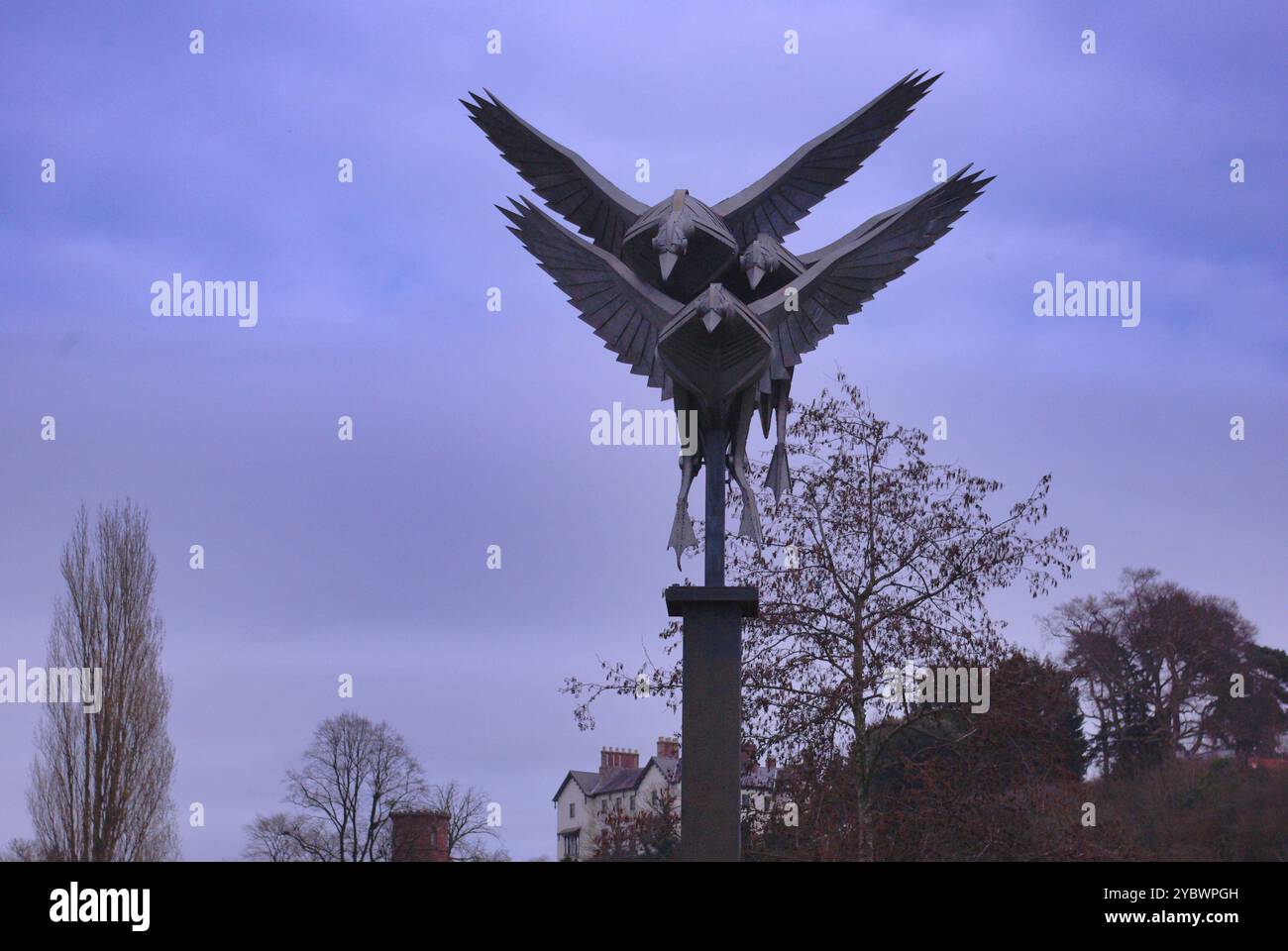 Three metal birds of prey. Statue, in Ross on Wye. Futuristic design ...