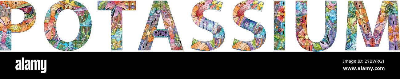 Hand-painted art design. Hand drawn illustration word POTASSIUM for t ...