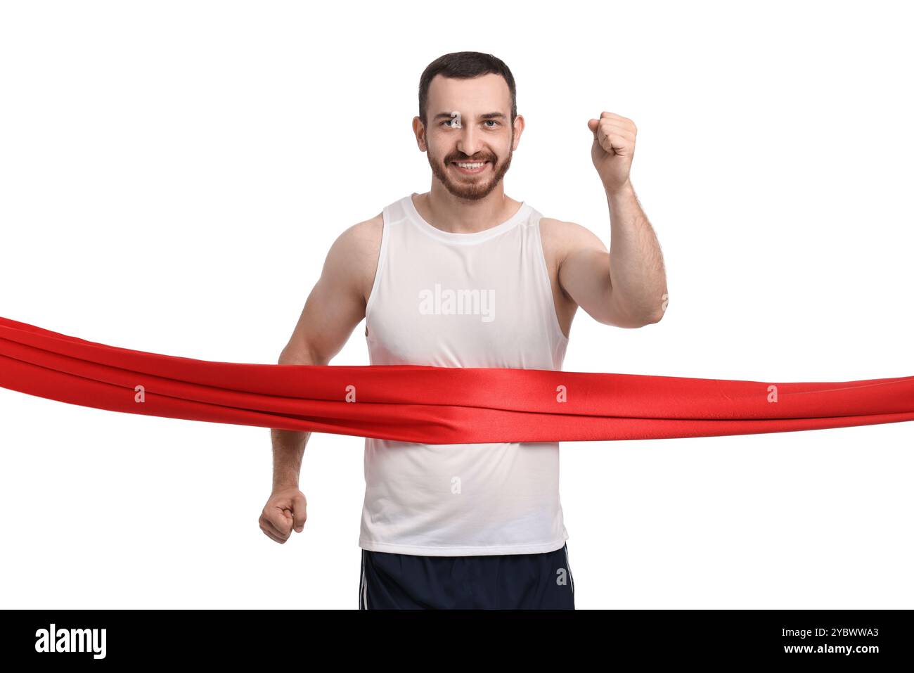 Handsome young man crossing red finish line on white background Stock ...
