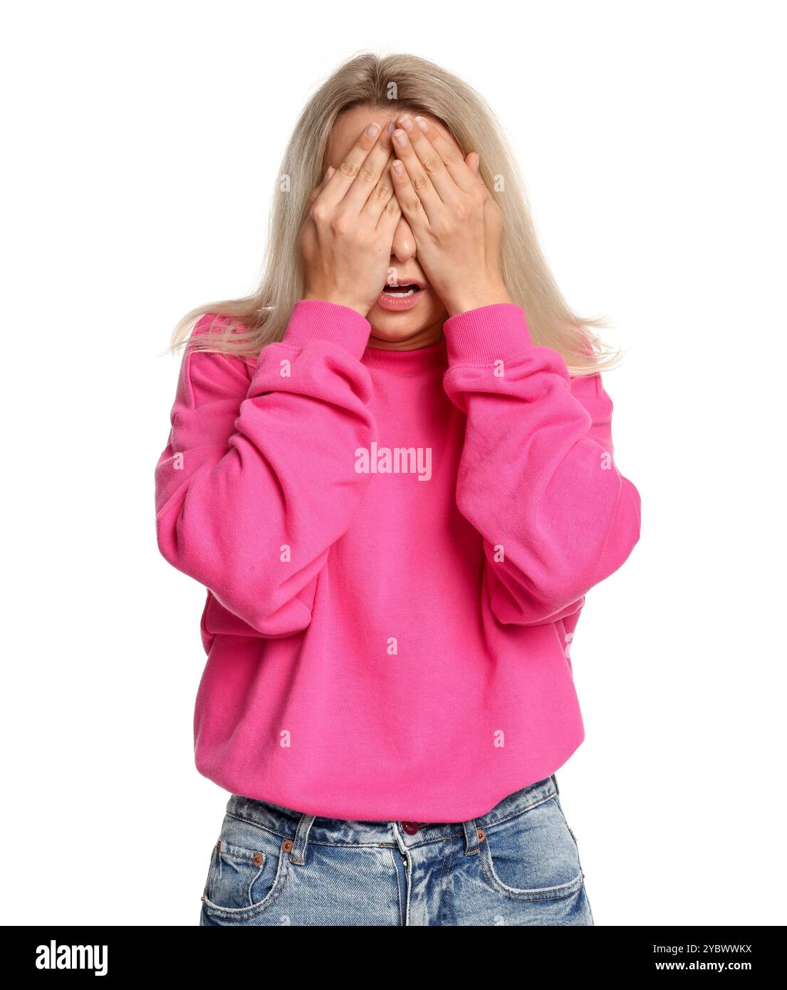 Portrait of scared woman on white background Stock Photo - Alamy