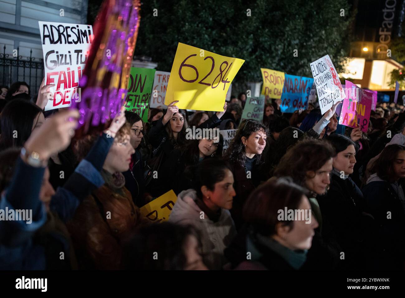 Istanbul, Turkey. 19th Oct, 2024. Women hold placards expressing their ...