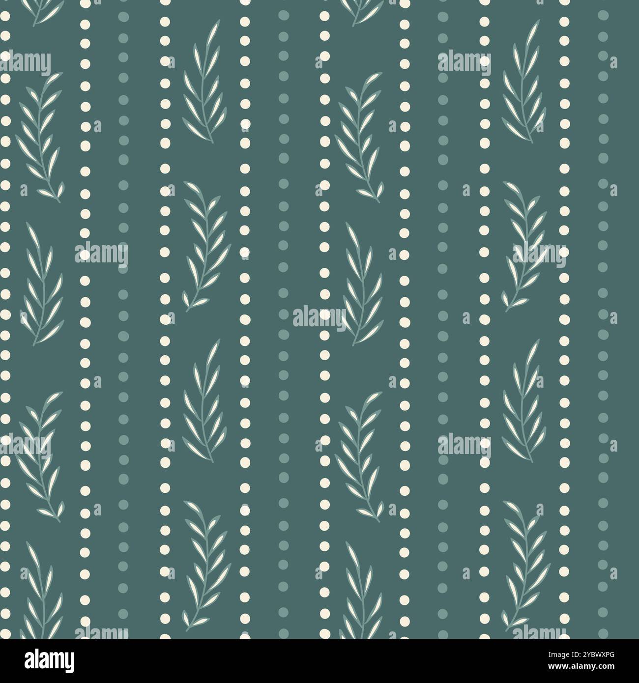 Seamless pattern with leaves and branches with dotted stripes on green ...