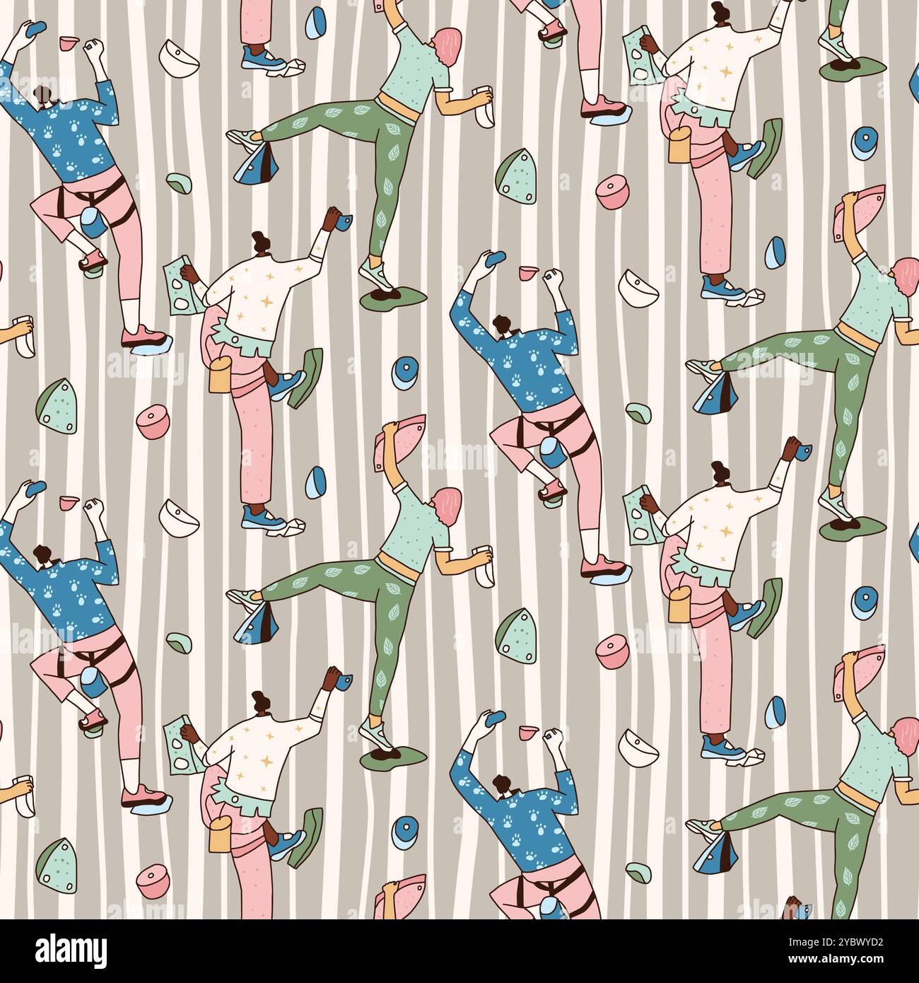 People training on climbing wall seamless pattern. Rock clambering park ...