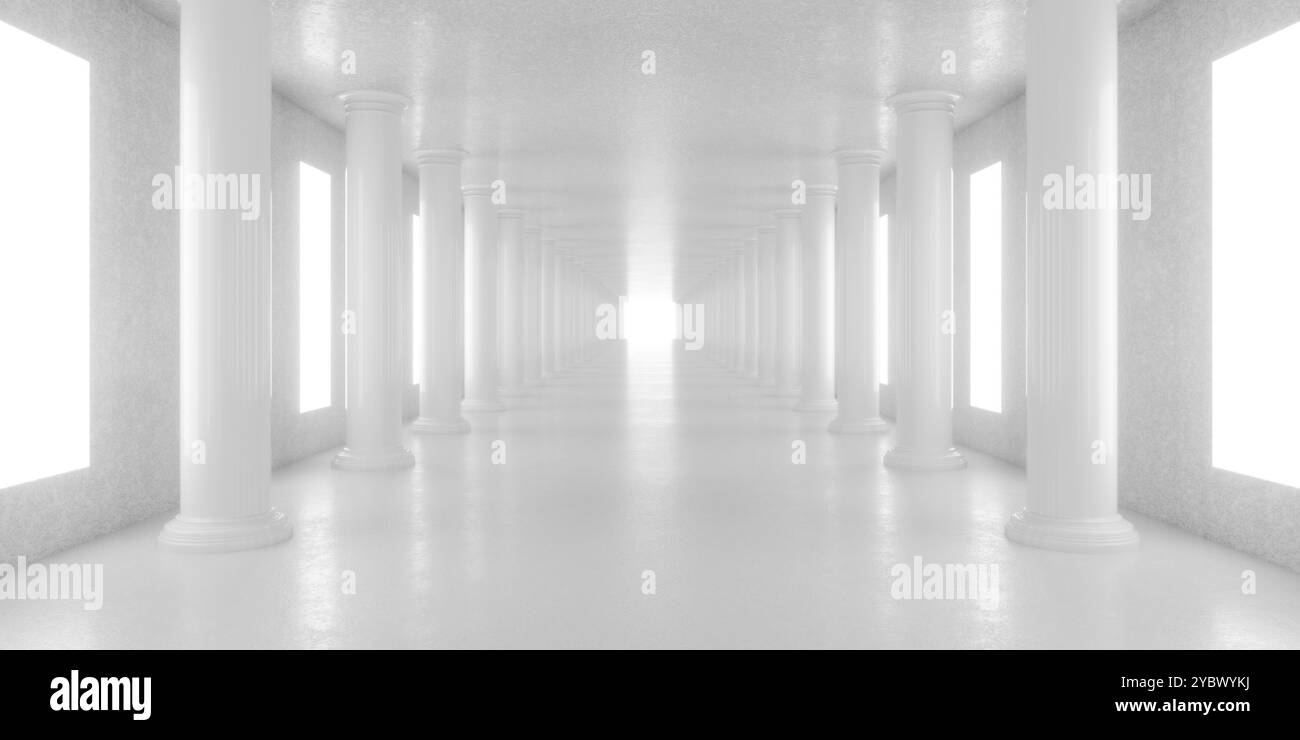 A minimalist corridor featuring white columns and bright, glowing walls ...