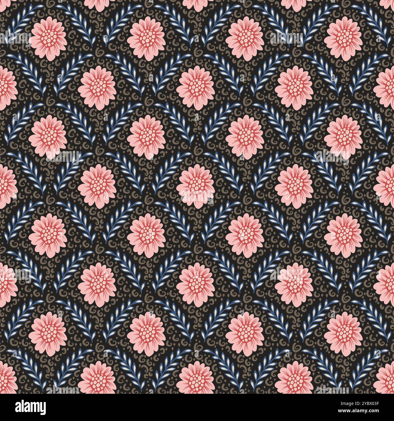 Flowers dark scallop seamless pattern. Floral secret garden endless ...