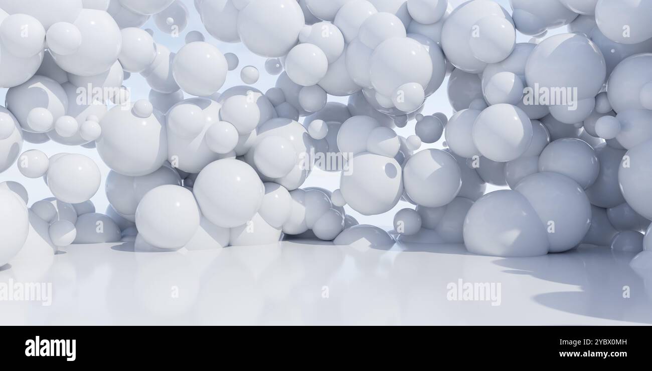 A 3D abstract composition featuring numerous glossy white spheres of ...