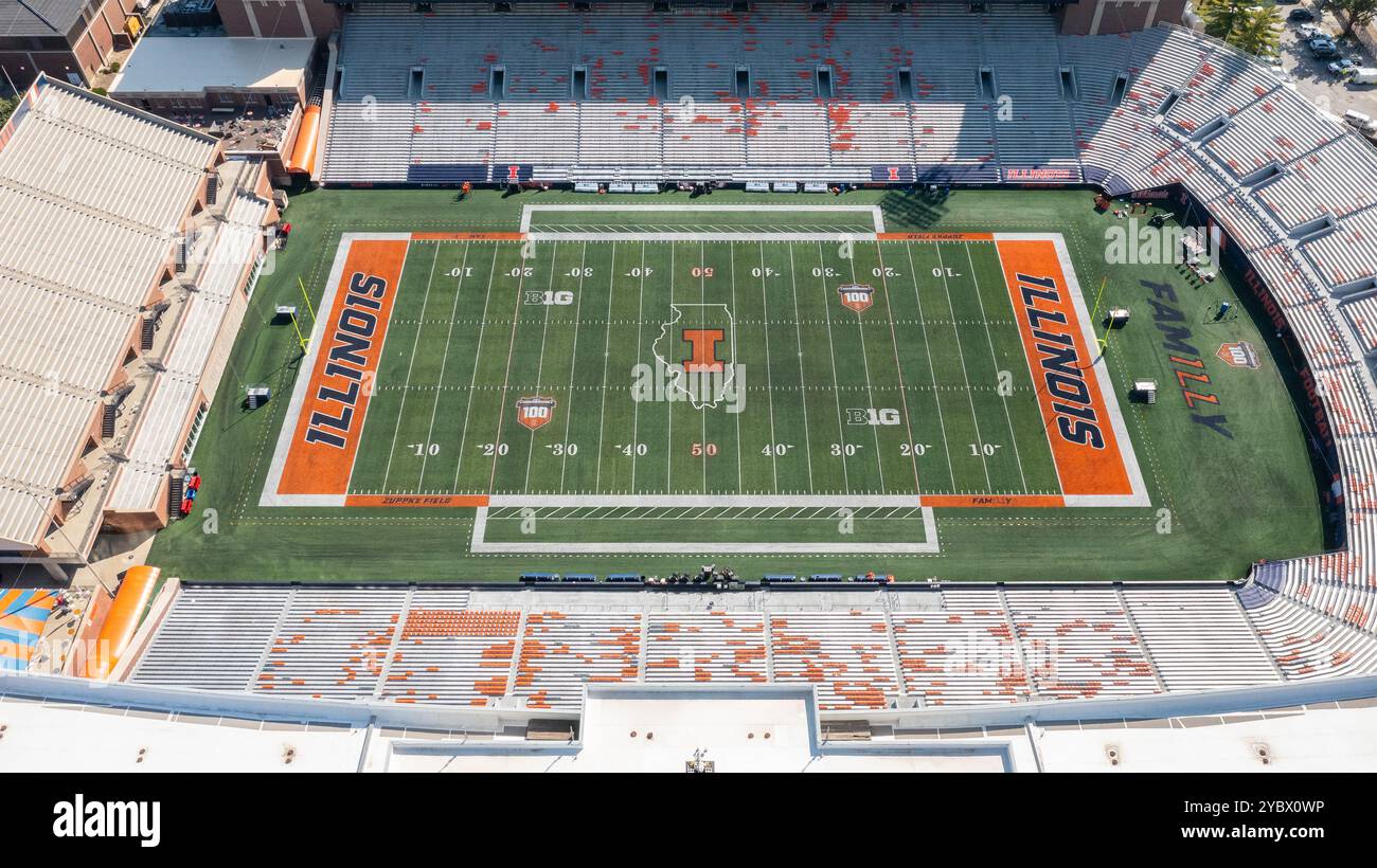 Drone view of the University of Illinois Memorial Stadium, which is home to the NCAA Fighting ...