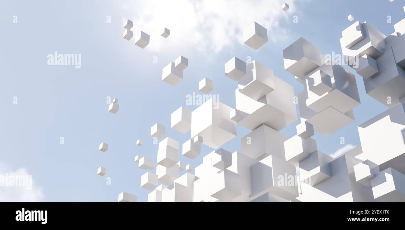 A Dynamic Arrangement Of Floating White Cubes Against A Bright Blue Sky With Soft Clouds The