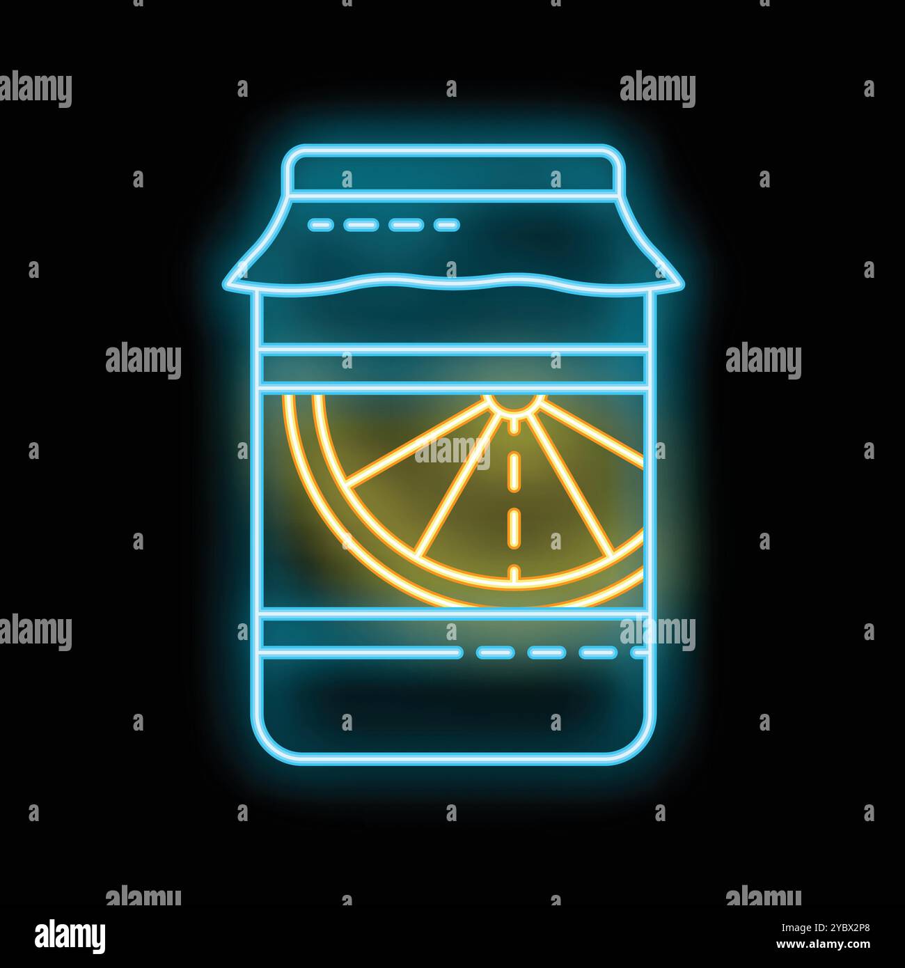Glowing neon line icon representing a carton package of orange fruit ...