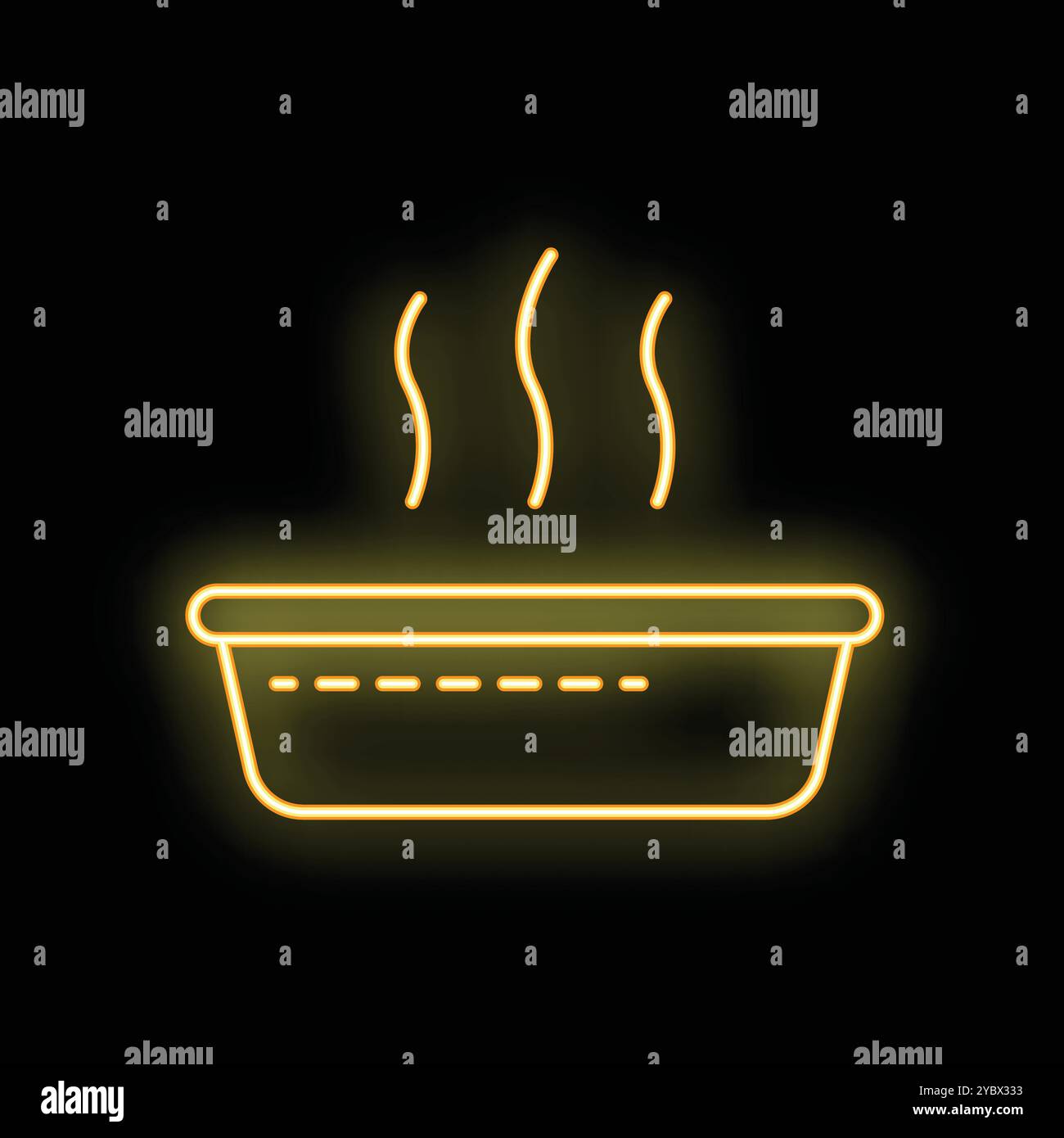 Neon yellow steaming food container glowing on black background, simple ...