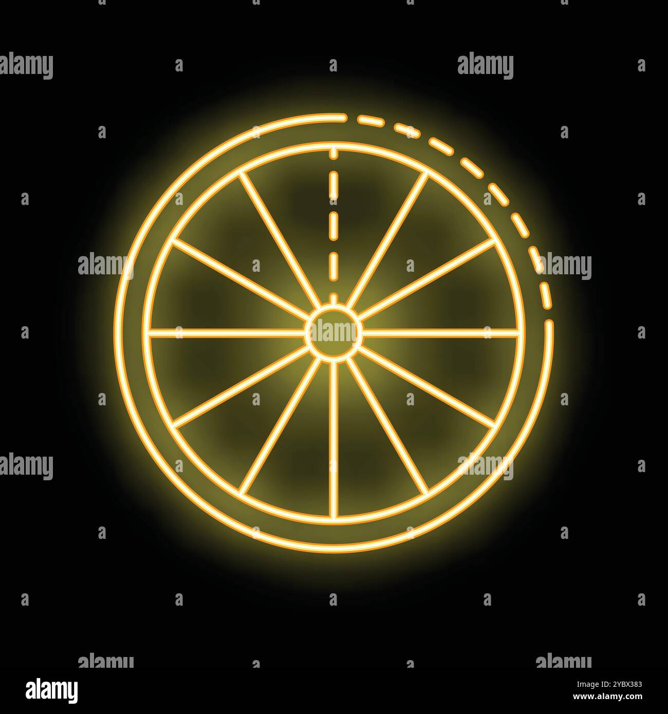 Bright yellow neon sign depicting a rotating wheel of fortune, set ...